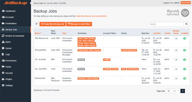 آموزش تصویری کار با Jet Backup در cPanel - پارس پک